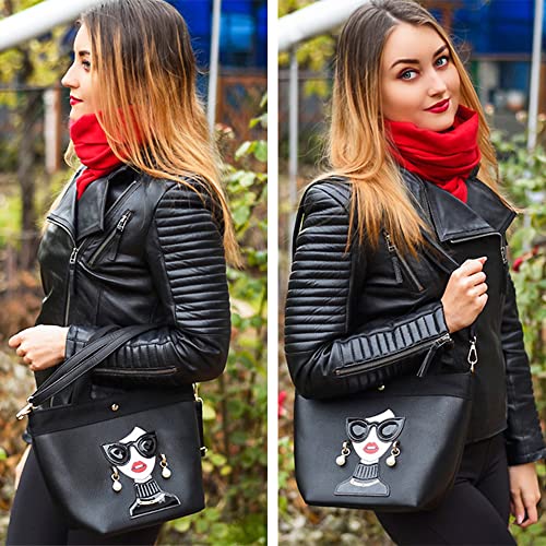 ENJOININ Funky Lady Face Purse for Women Casual Shopping Bag Top Handle Satchel Handbags Pu Leather Shoulder Bag Totes (Black A)