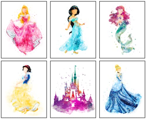 Princess Wall Decor Posters for Girls Room Watercolor Prints Set of 6 Unframed (8''x10'') Princess Wall Art Princess Posters for Girls Bedroom Princess Nursery Wall Decor Baby Shower Decorations