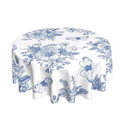 Blue Butterfly Floral Round Tablecloth 60 Inch Farmhouse Rustic Tablecloth Spring Summer Table Cloth, Flower Outdoor and Indoor Table Cover for Home Party Kitchen Picnic Mothers Day Table Cloth Gift