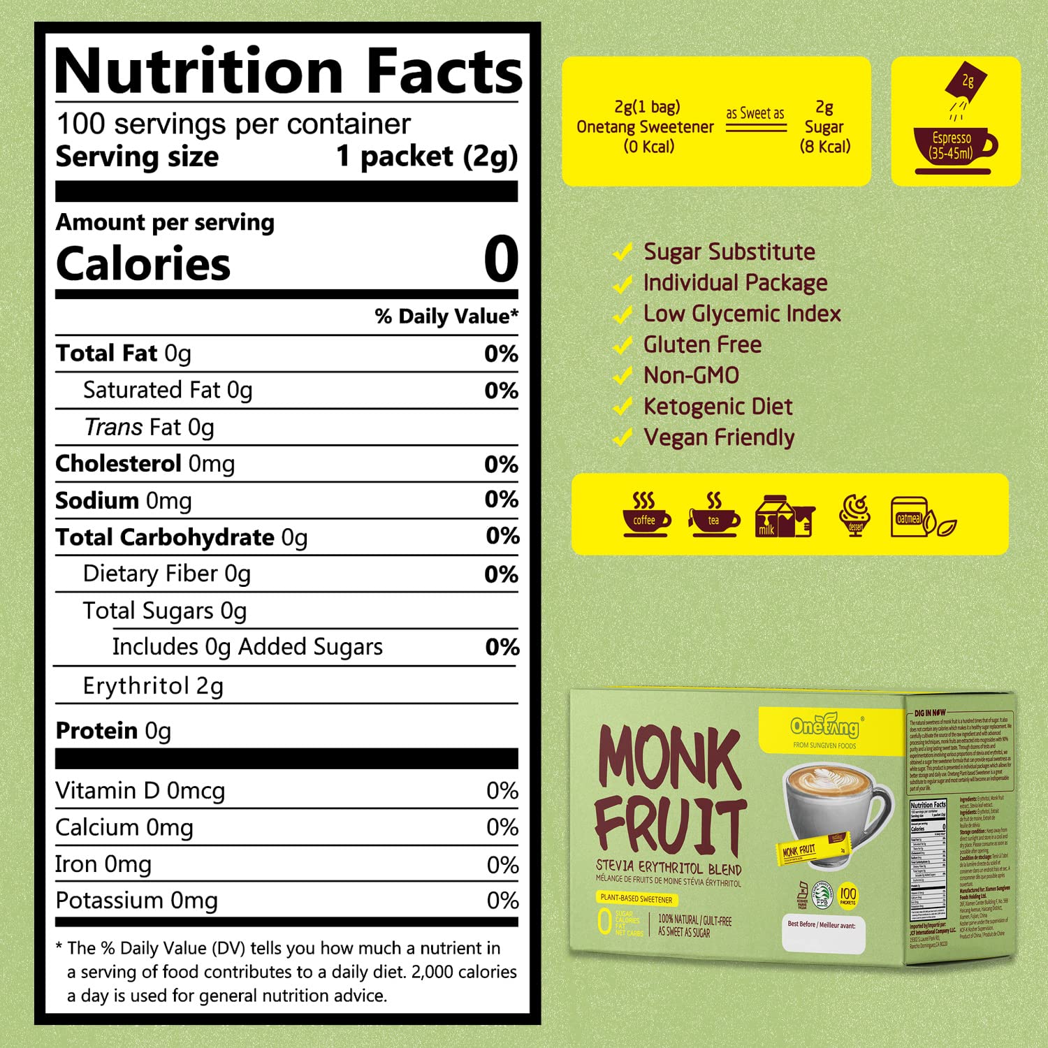 ONETANG Classic Monk Fruit Sweetener with Erythritol- White Sugar Substitute, Zero Calorie, Keto Diet Friendly, Zero Net Carbs, Zero Glycemic, Baking, Extract, Sugar Replacement 7.05 oz(100 count)