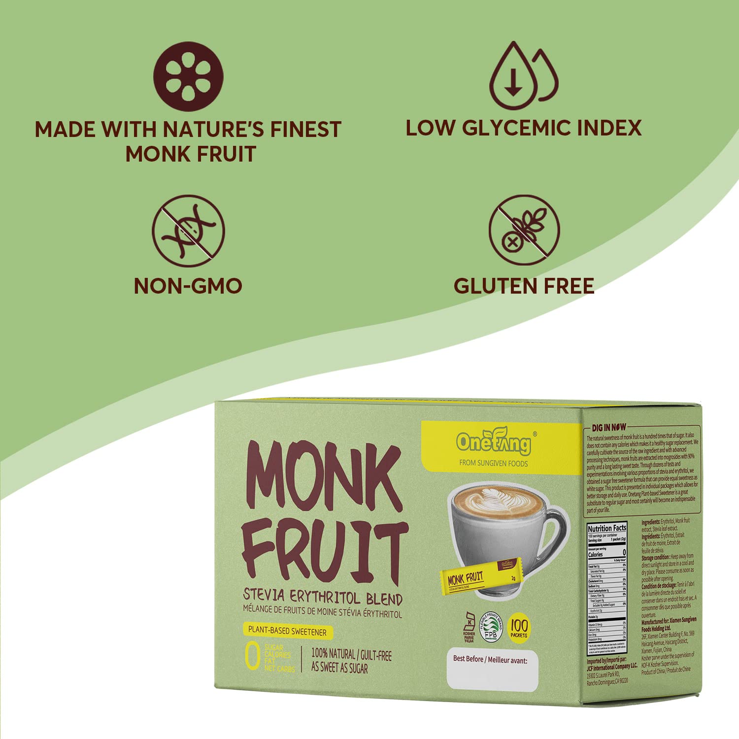 ONETANG Classic Monk Fruit Sweetener with Erythritol- White Sugar Substitute, Zero Calorie, Keto Diet Friendly, Zero Net Carbs, Zero Glycemic, Baking, Extract, Sugar Replacement 7.05 oz(100 count)