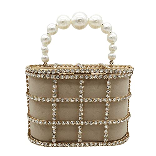 DDQYYSPP Synthetic Pearl Top-Handle Women Metal Bucket Bag Crystal Evening Purses and Clutches Formal Wedding Handbags, Gold