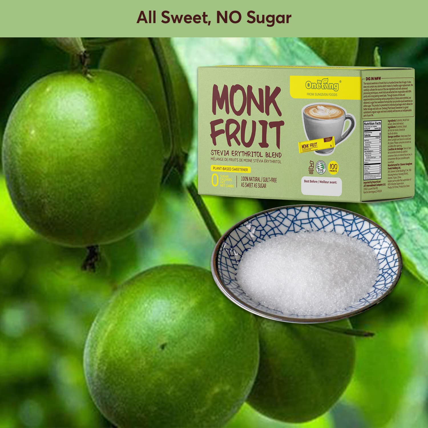 ONETANG Classic Monk Fruit Sweetener with Erythritol- White Sugar Substitute, Zero Calorie, Keto Diet Friendly, Zero Net Carbs, Zero Glycemic, Baking, Extract, Sugar Replacement 7.05 oz(100 count)