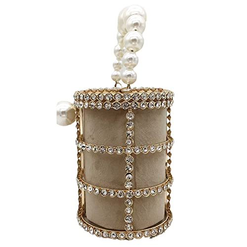 DDQYYSPP Synthetic Pearl Top-Handle Women Metal Bucket Bag Crystal Evening Purses and Clutches Formal Wedding Handbags, Gold