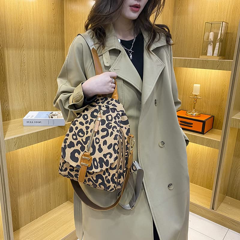 KKRAUS Leopard Print Backpack for Women Pu Leather Cheetah Print Shoulder Daypack Leopard Satchel Backpack with Handle Multipurpose (Single Zipper)