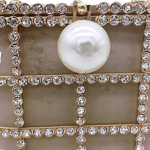 DDQYYSPP Synthetic Pearl Top-Handle Women Metal Bucket Bag Crystal Evening Purses and Clutches Formal Wedding Handbags, Gold