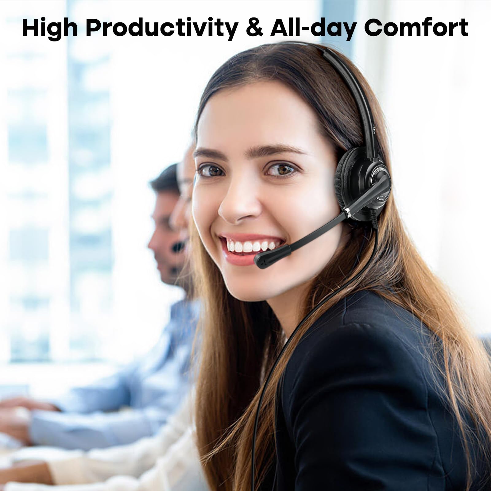 MKJ Call Center Headset with Microphone, Telephone Headset for Office Phone Corded RJ9, Wired Headphone for Landline Altigen Polycom Gigaset Avaya 1408 Aastra 6573i AudioCodes Toshiba Fanvil etc