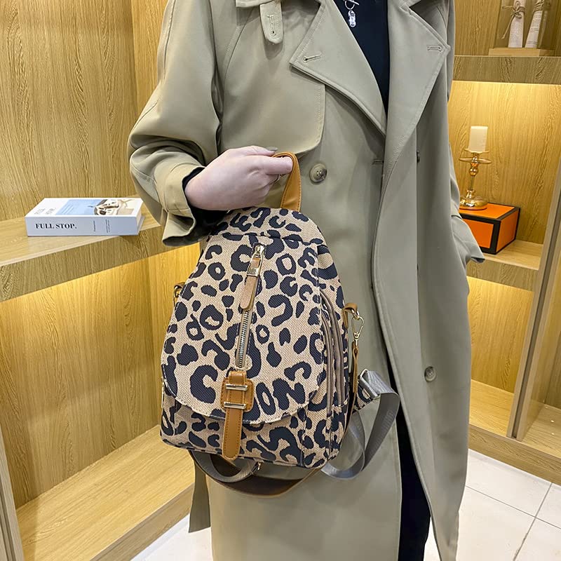 KKRAUS Leopard Print Backpack for Women Pu Leather Cheetah Print Shoulder Daypack Leopard Satchel Backpack with Handle Multipurpose (Single Zipper)