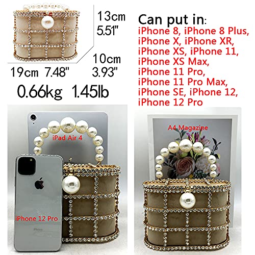 DDQYYSPP Synthetic Pearl Top-Handle Women Metal Bucket Bag Crystal Evening Purses and Clutches Formal Wedding Handbags, Gold
