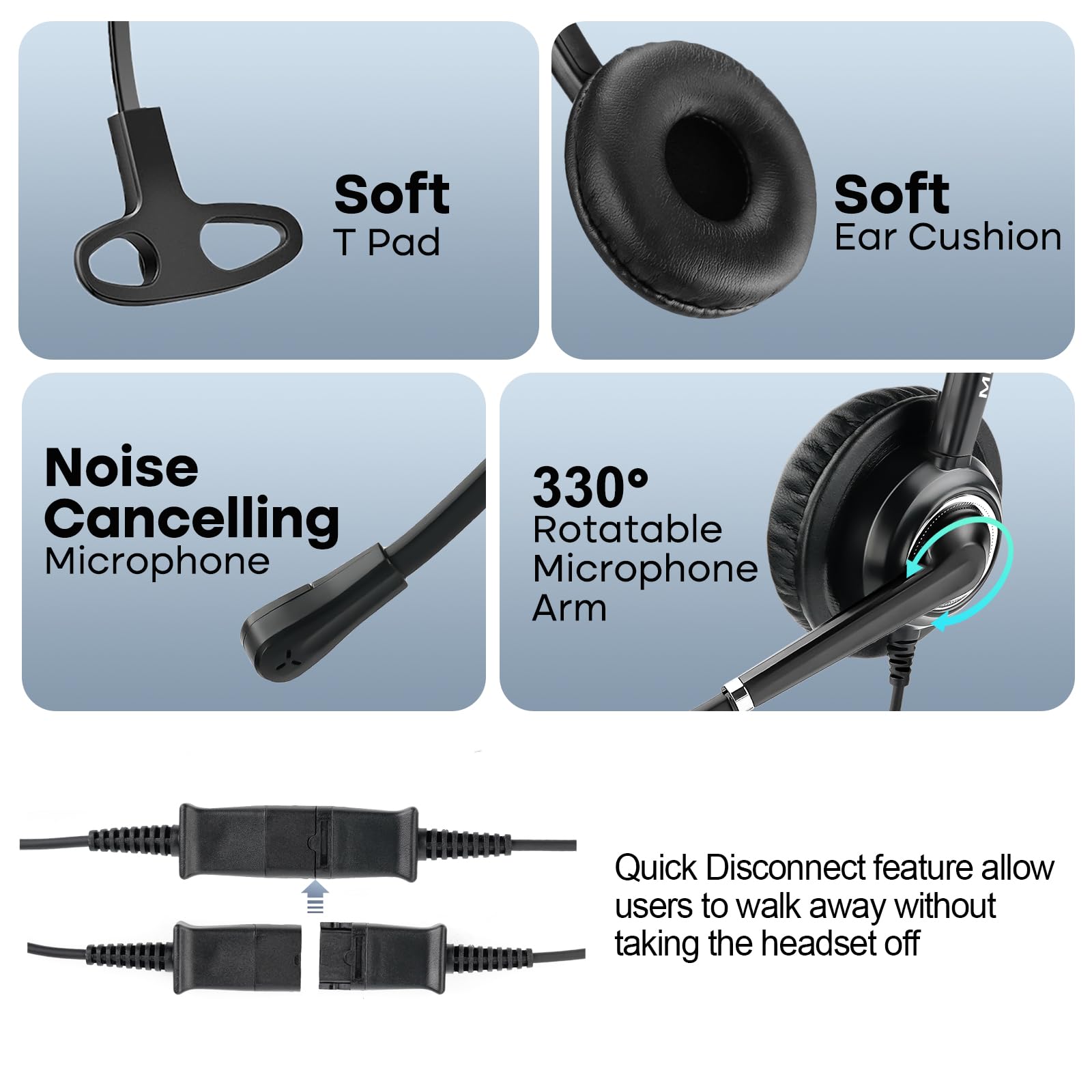 MKJ Call Center Headset with Microphone, Telephone Headset for Office Phone Corded RJ9, Wired Headphone for Landline Altigen Polycom Gigaset Avaya 1408 Aastra 6573i AudioCodes Toshiba Fanvil etc