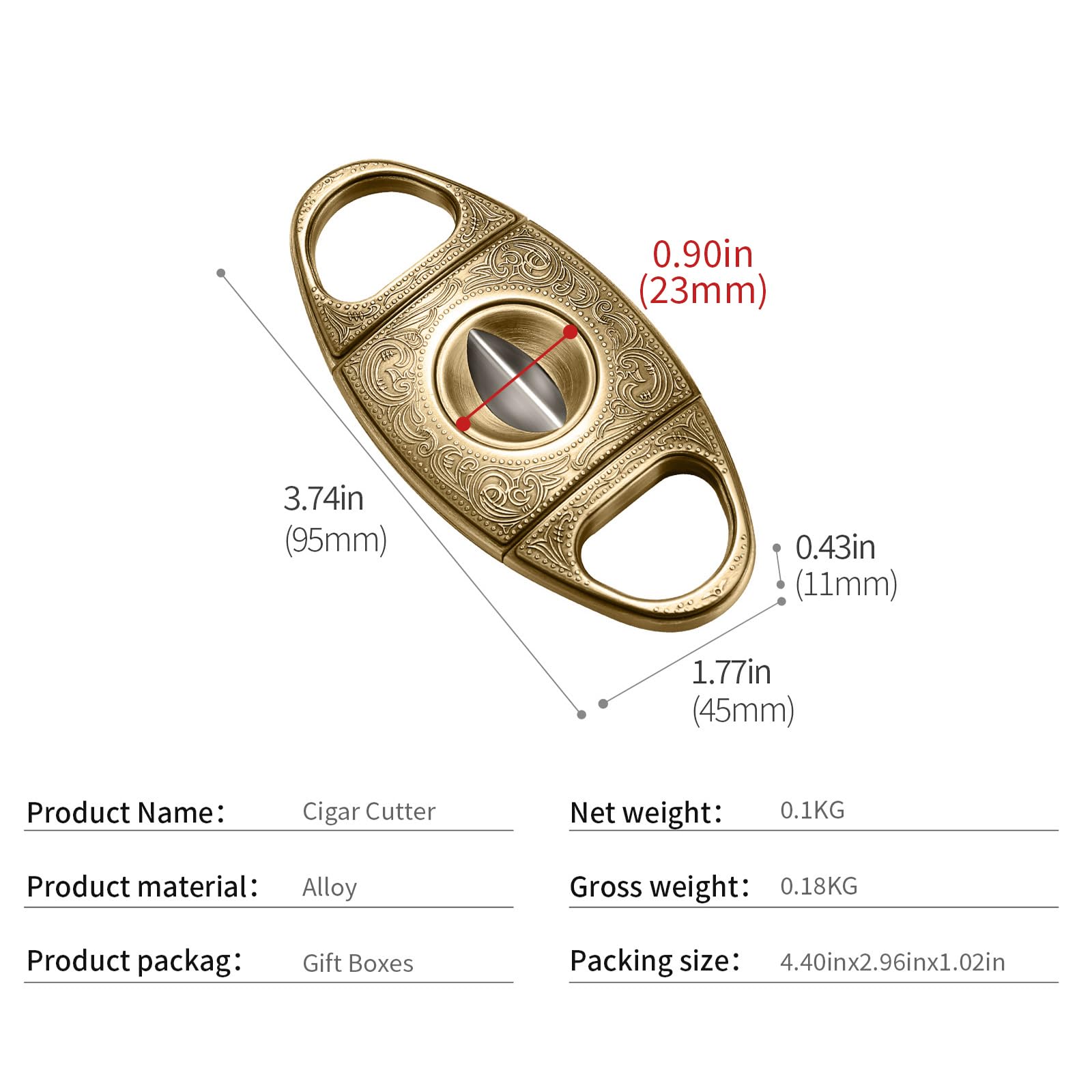 V-Cut Cigar Cutter, Sharp Blade Stainless Steel Carved Cigar Guillotine Scissors with Gift Box(Color:Gold)