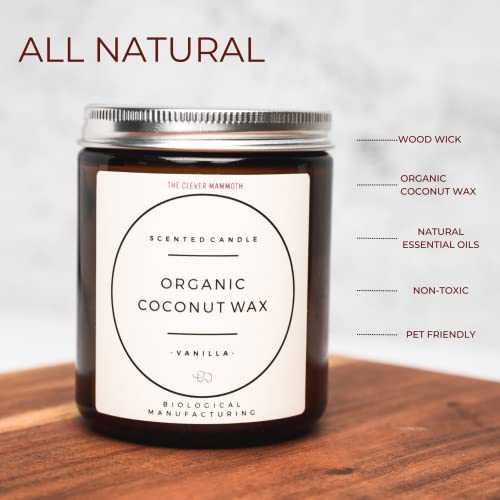 Coconut Wax Scented Candle - Wood Wick - Long Lasting - Smoke Free - Organic - The Clever Mammoth - (Vanilla Large)