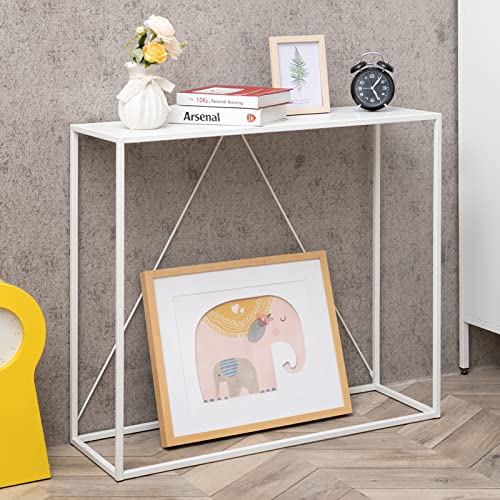 PEETEEPOE Accent Metal Console Table, 35.43"(L) Modern Entryway Table, Narrow&Long Sofa/Couch End Side Table, Freestanding Entrance Display Table for Entryway, Hallway, Living Room, Office, White