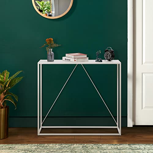 PEETEEPOE Accent Metal Console Table, 35.43"(L) Modern Entryway Table, Narrow&Long Sofa/Couch End Side Table, Freestanding Entrance Display Table for Entryway, Hallway, Living Room, Office, White