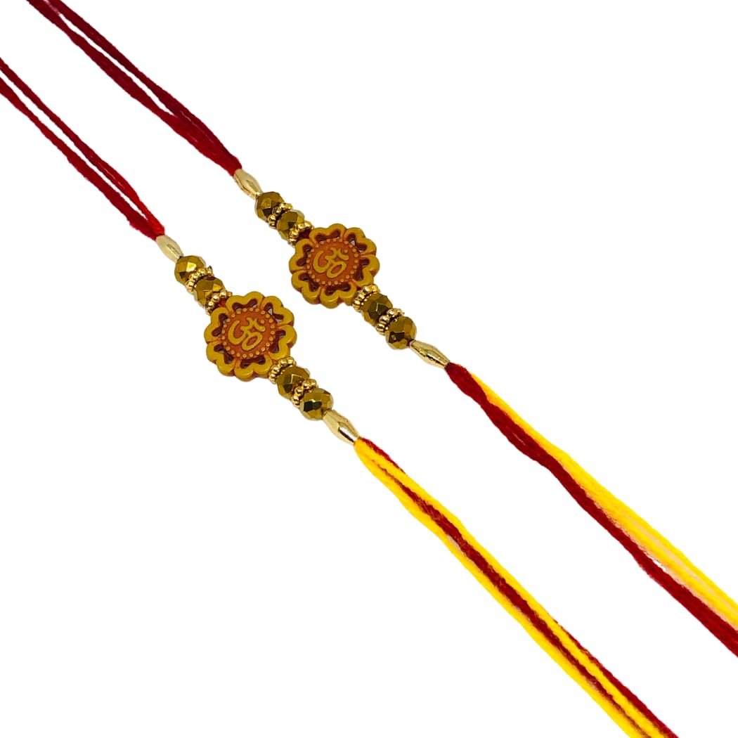 JAGMOR Set of 2 OM Rakhi Thread, Rakhi for Sister, Raksha Bandha Gift for Your Brother, Flower Om Pendant with Golden Beads and Rings Rakhi Thread