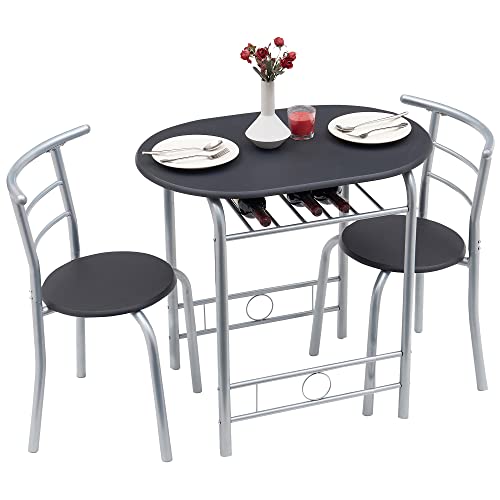 VECELO 3 Piece Wood Round Table & Chair Set for Dining Room Kitchen Bar Breakfast, with Wine Storage Rack, Space Saving, 31.5", Black and Silver