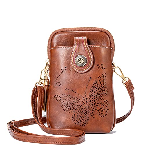 PCORES Crossbody Cell Phone Purse for Women, Mini Leather Cute Butterfly Pattern Bag, Lightweight Purse for Ladies Girls (Coffee)