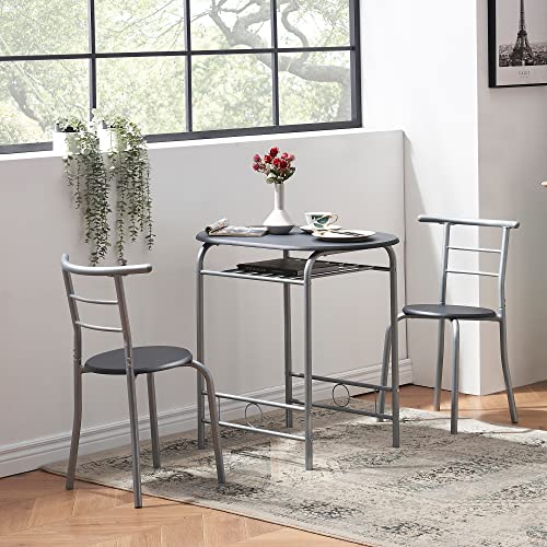 VECELO 3 Piece Wood Round Table & Chair Set for Dining Room Kitchen Bar Breakfast, with Wine Storage Rack, Space Saving, 31.5", Black and Silver