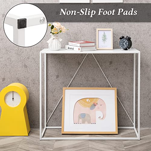 PEETEEPOE Accent Metal Console Table, 35.43"(L) Modern Entryway Table, Narrow&Long Sofa/Couch End Side Table, Freestanding Entrance Display Table for Entryway, Hallway, Living Room, Office, White