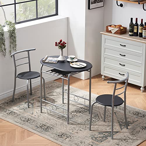 VECELO 3 Piece Wood Round Table & Chair Set for Dining Room Kitchen Bar Breakfast, with Wine Storage Rack, Space Saving, 31.5", Black and Silver