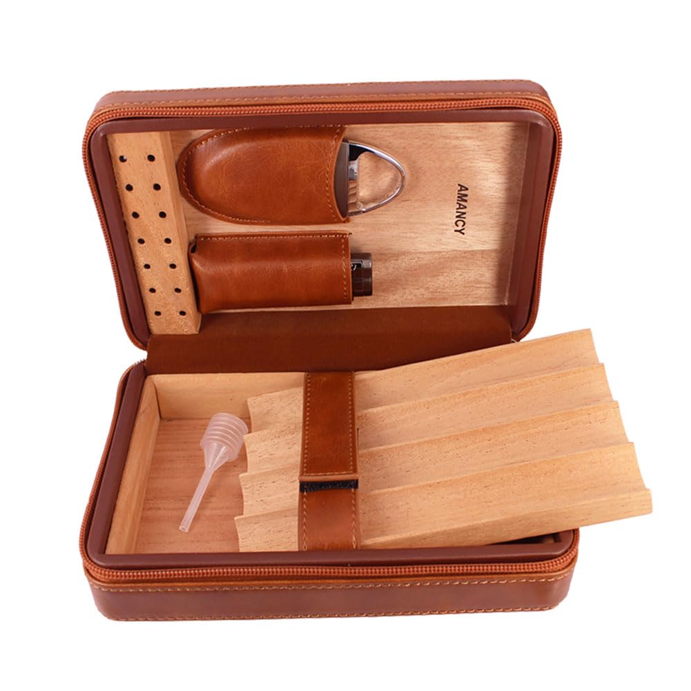 AMANCY Elegant Handmade Brown Leather Cedar Wood Lined 4 Cigar Humidor Case with 3 Triple Jet Flame Cigar Lighter and Cutter,Suitable for Holding Big and Fat Cigars