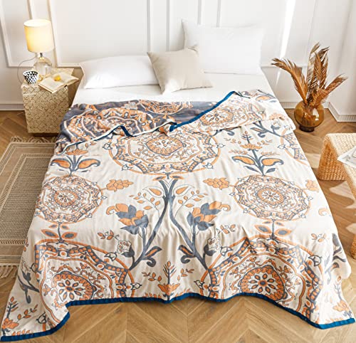 MEJU Mandala Boho Flower Muslin All Season Blanket for Bed Sofa Couch, 100% Combed Cotton 4 Layer Soft Warm Quick Dry Throw Blanket Bed Coverlet Sheet (Mandala, Twin (59 in x 78 in))