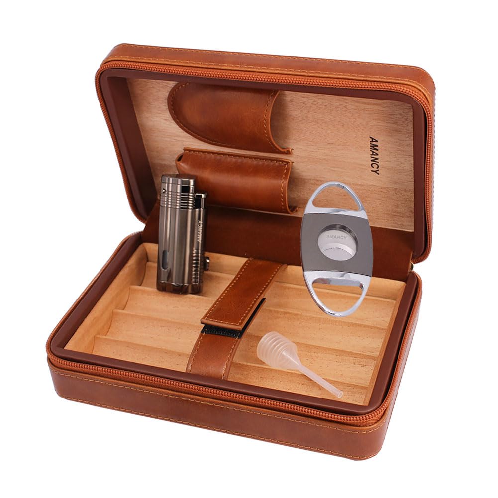 AMANCY Elegant Handmade Brown Leather Cedar Wood Lined 4 Cigar Humidor Case with 3 Triple Jet Flame Cigar Lighter and Cutter,Suitable for Holding Big and Fat Cigars