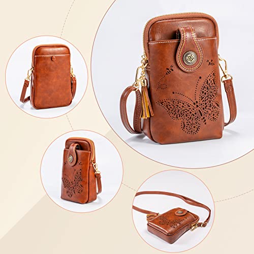 PCORES Crossbody Cell Phone Purse for Women, Mini Leather Cute Butterfly Pattern Bag, Lightweight Purse for Ladies Girls (Coffee)