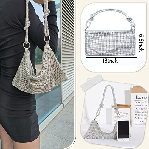 YUEARN Rhinestone Purse for Women, Sparkly Purse Evening Bag Bling Hobo Bag Shiny Silver Handbag for Clubs & Parties