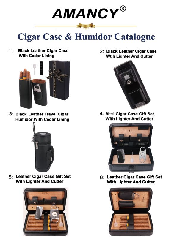 AMANCY Elegant Handmade Brown Leather Cedar Wood Lined 4 Cigar Humidor Case with 3 Triple Jet Flame Cigar Lighter and Cutter,Suitable for Holding Big and Fat Cigars
