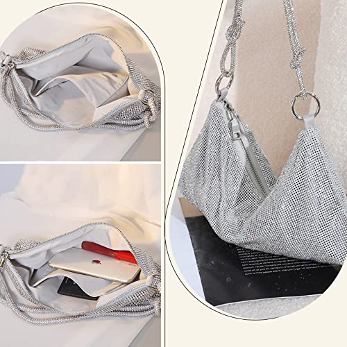 YUEARN Rhinestone Purse for Women, Sparkly Purse Evening Bag Bling Hobo Bag Shiny Silver Handbag for Clubs & Parties