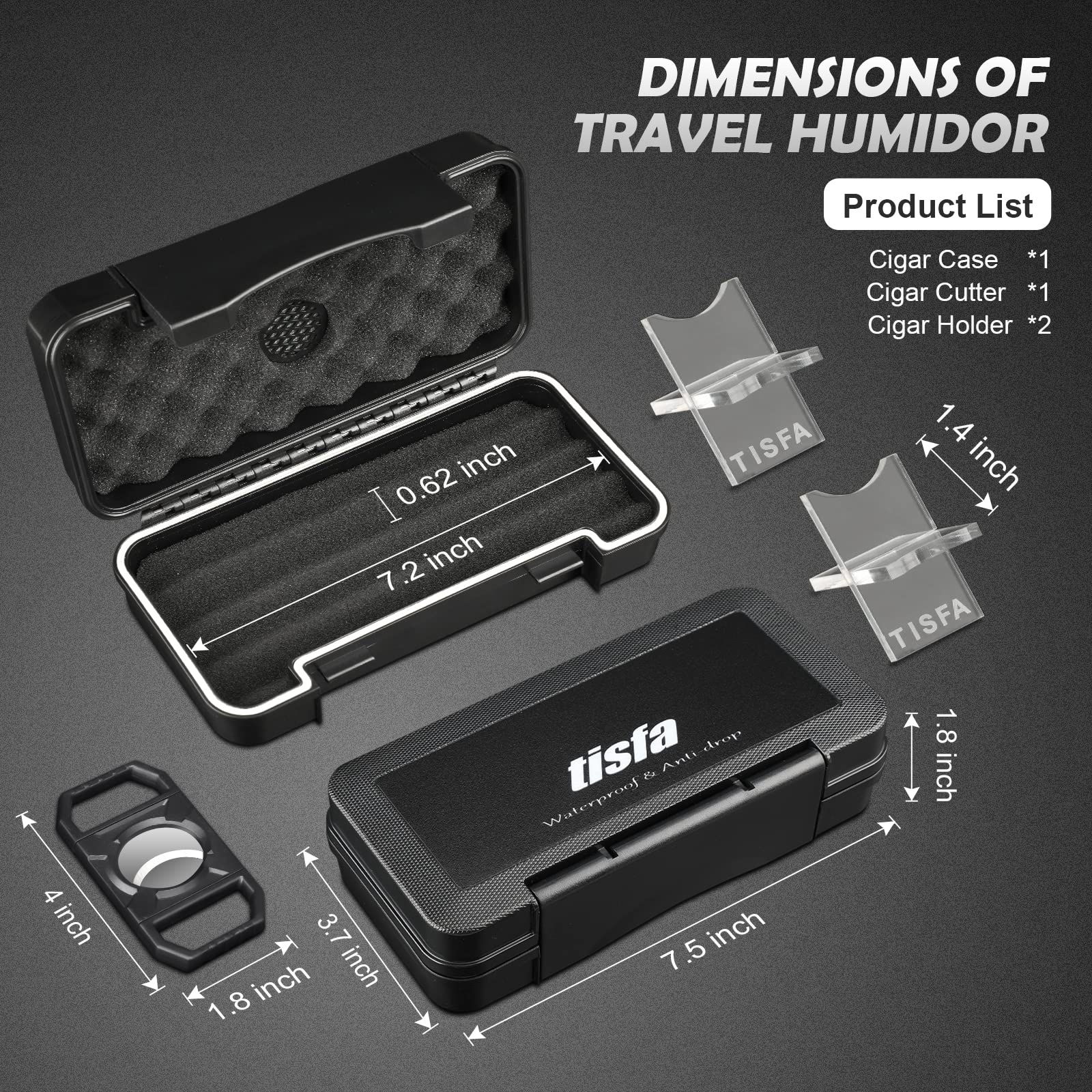 TISFA Cigar Travel Humidor Case with Cigar Cutter and Cigar Stand, Portable Cigar Humidor, Waterproof Cigar Box Holds up to 4 Cigars - Cigars Gift Set for Men (Small)