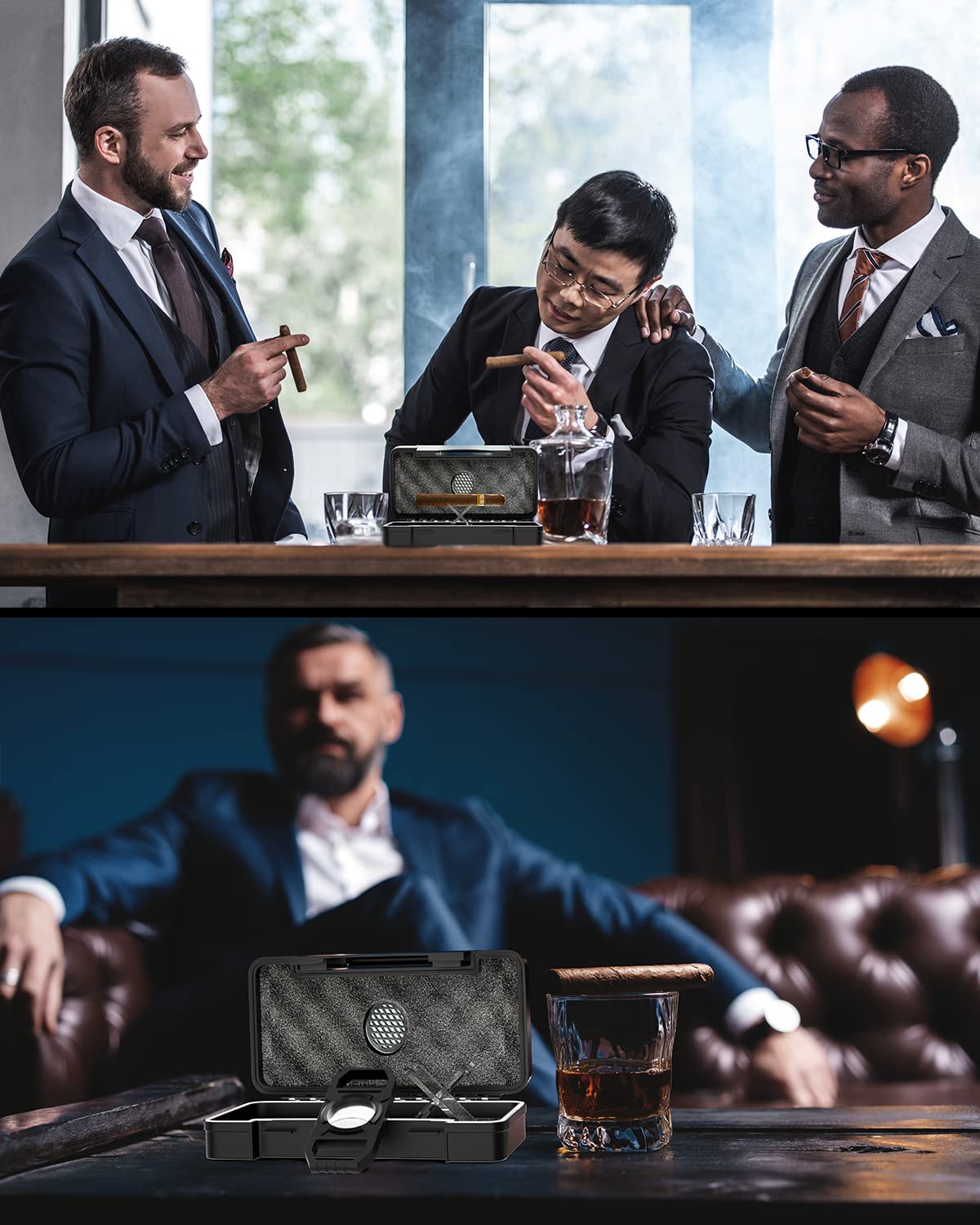 TISFA Cigar Travel Humidor Case with Cigar Cutter and Cigar Stand, Portable Cigar Humidor, Waterproof Cigar Box Holds up to 4 Cigars - Cigars Gift Set for Men (Small)
