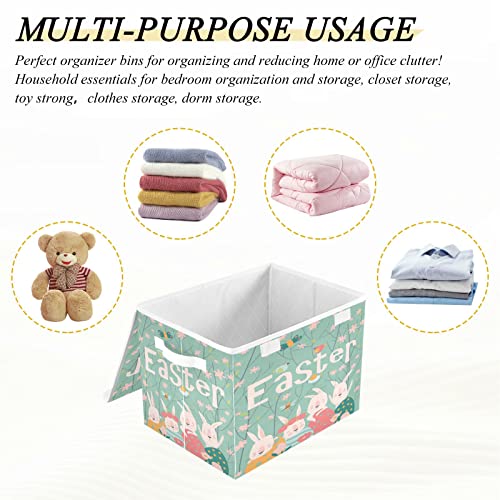 DOMIKING Easter Eggs Bunny Large Storage Bin with Lid Collapsible Shelf Baskets Box with Handles empty gift basket for Nursery Drawer Shelves Cabinet
