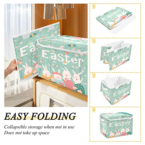 DOMIKING Easter Eggs Bunny Large Storage Bin with Lid Collapsible Shelf Baskets Box with Handles empty gift basket for Nursery Drawer Shelves Cabinet