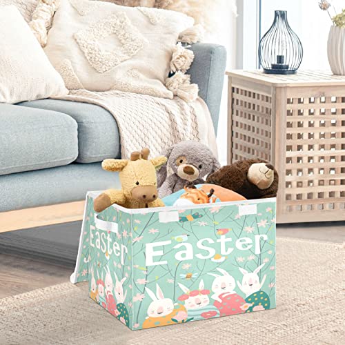 DOMIKING Easter Eggs Bunny Large Storage Bin with Lid Collapsible Shelf Baskets Box with Handles empty gift basket for Nursery Drawer Shelves Cabinet
