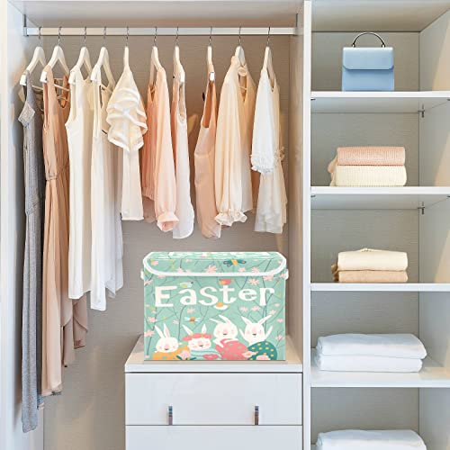 DOMIKING Easter Eggs Bunny Large Storage Bin with Lid Collapsible Shelf Baskets Box with Handles empty gift basket for Nursery Drawer Shelves Cabinet