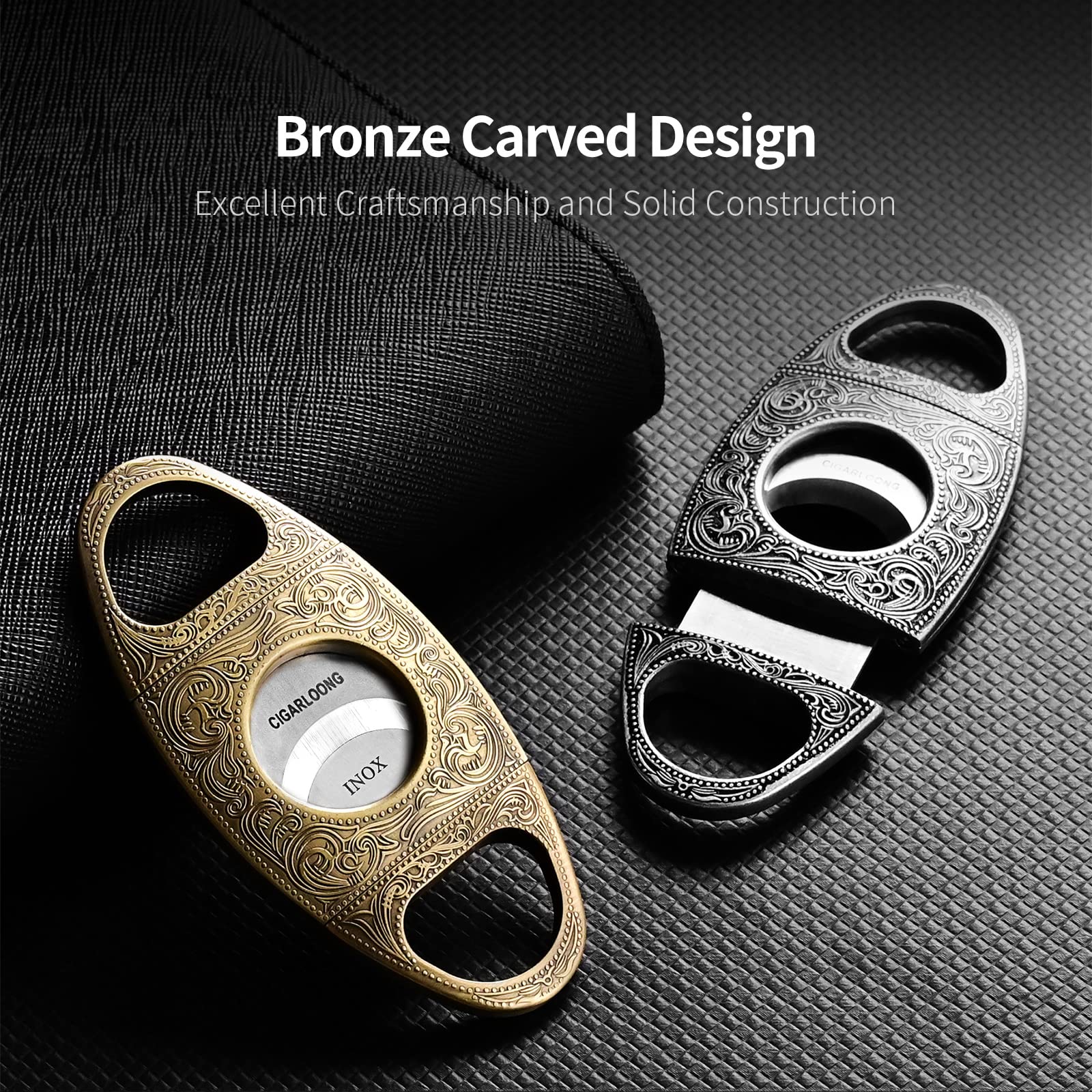 CIGARLOONG Cigar Cutter Bronze Classic Double Cut Blade Cigar Guillotine (Silver+Black)
