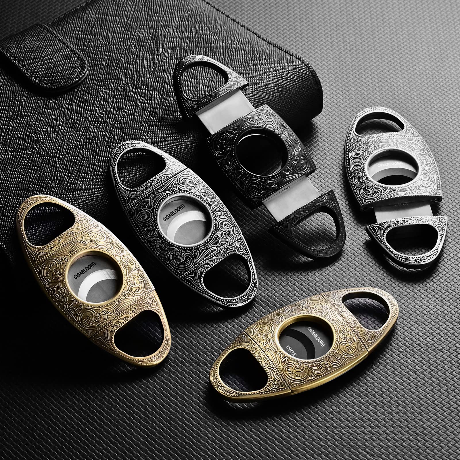 CIGARLOONG Cigar Cutter Bronze Classic Double Cut Blade Cigar Guillotine (Silver+Black)