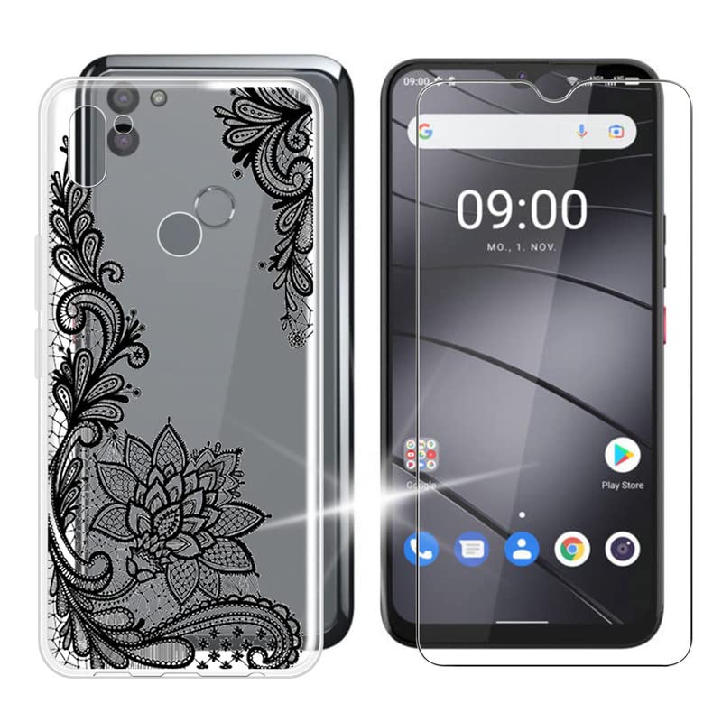 Ikiiqii Cover for Gigaset GS5 Lite (6.30") case Shell Soft Silicone TPU Transparent Protective Cases + 9H Hardness HD Tempered Glass Screen Protector Film Protection -Black Flower