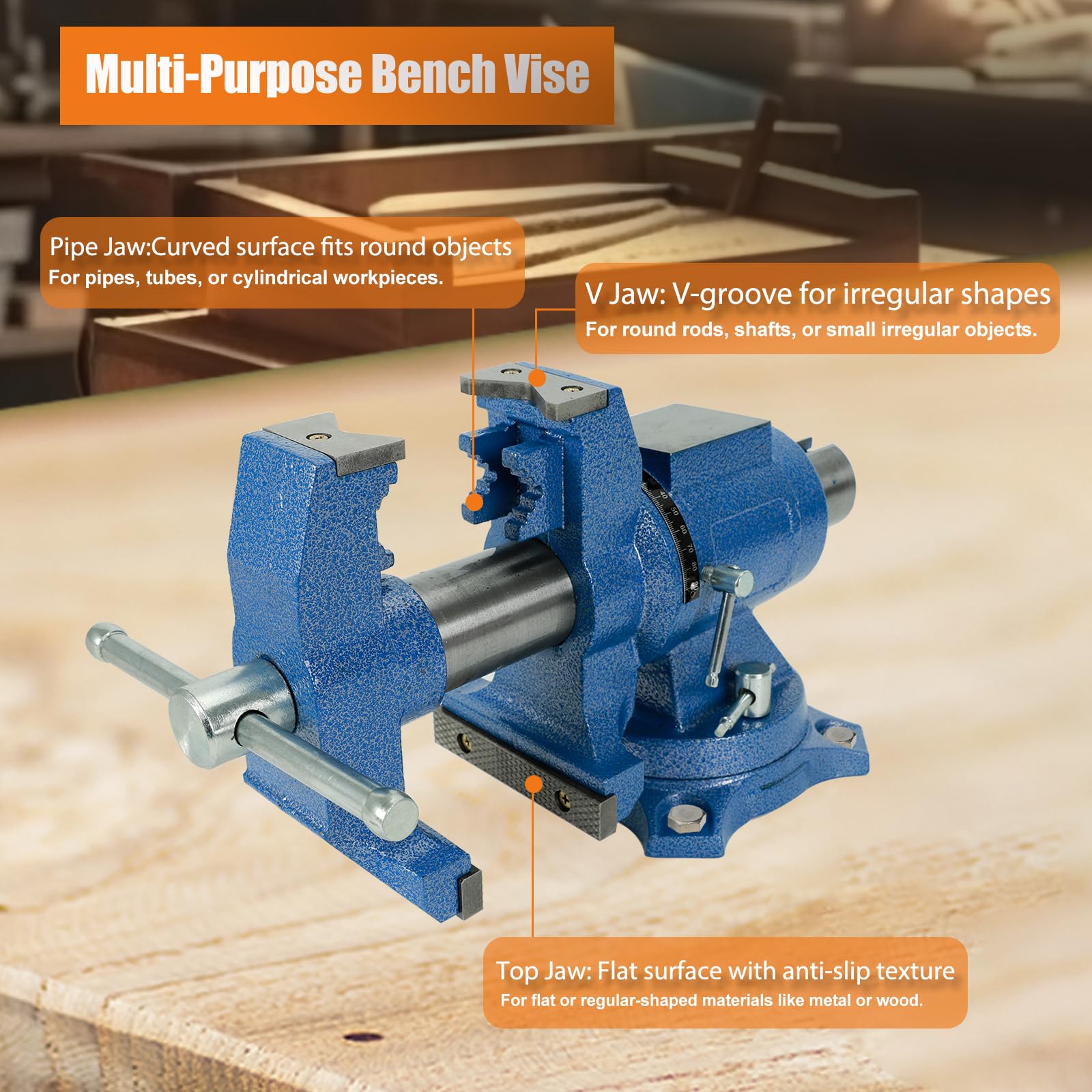 EASYBERG 5" Bench Vise with 5 inch Jaw Width 5 inch Jaw Opening 4 inch Throat Depth Ductile Iron, Multi-Purpose 360 Degree Head and Swivel Base Bench Vice with Anvil and Scale