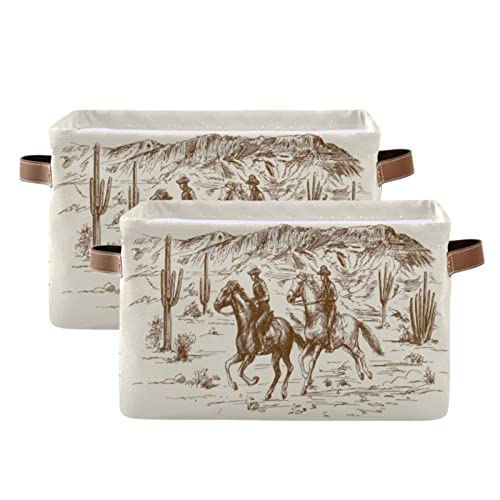 Cowboy Storage Basket Western Desert Cowboy Storage Bin Collapsible Large Storage Baskets with Leather Handles Storage Cube Box Organizer for Closet Toys Gift Basket,1PC