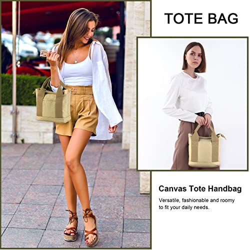 BOBOKA Mini Canvas Tote Bag Multi-Pocket Handbag with Zipper Women Canvas Handbag Purse for School Work Travel