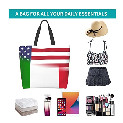 American Flag And Italian Flag Tote Storage Bag Women'S Big Capacity Shopping Shoulder Bag With Inner Pocket