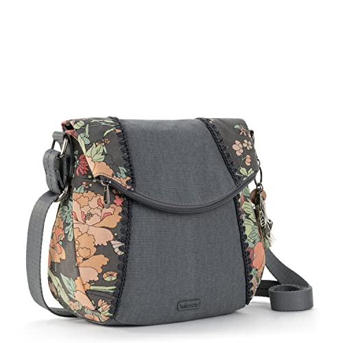 Sakroots Foldover Crossbody Bag in Cotton Canvas, Multifunctional Purse with Adjustable Strap & Zipper Pockets, Charcoal Flower Power