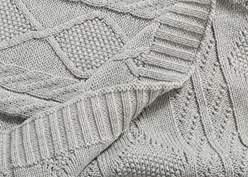GunziStreet 100% Pure Cotton Knitting Throw Blanket Houndstooth Thousand-Bird Pattern Splicing Nordic Style Soft Warm Home Decor for Bed Couch Bedroom (Light Gray, 51x63)