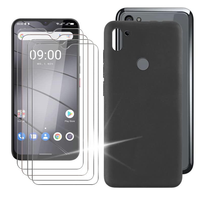 4 Pack Ikiiqii Cover for Gigaset GS5 Lite (6.30") case Shell Soft Silicone TPU Black Phone Protective Cases + 9H Hardness HD Tempered Glass Screen Protector Film Protection