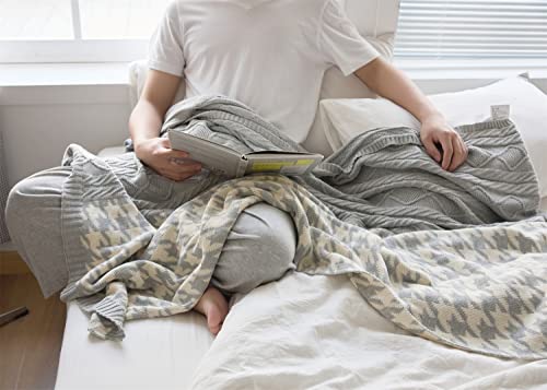 GunziStreet 100% Pure Cotton Knitting Throw Blanket Houndstooth Thousand-Bird Pattern Splicing Nordic Style Soft Warm Home Decor for Bed Couch Bedroom (Light Gray, 51x63)