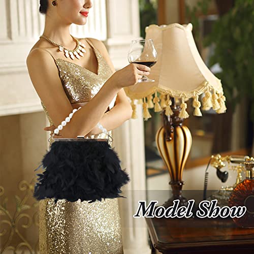 GOKTOW Black Feather Clutches Purses for Women Bag,Pearl Fluffy Evening Handbags for Wedding Anniversary Party,Black