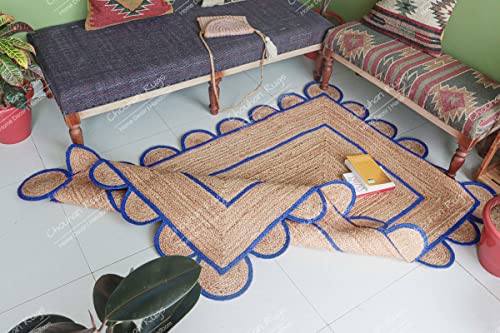 Chouhan Rugs Area Rug Natural Jute Hand Braided Rug Light Blue Scalloped Runner